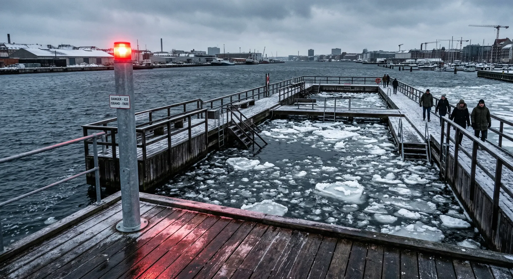 Badning frarådes i Havnebadet ved Køge Marina efter kraftigt tøbrud ...